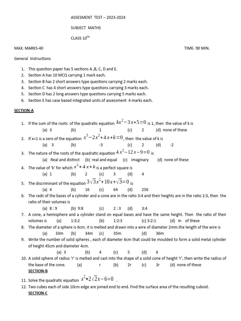 SH. CHAITNYA TECHNO SCHOOL DDN maths class 10 paper | PDF | Sphere ...