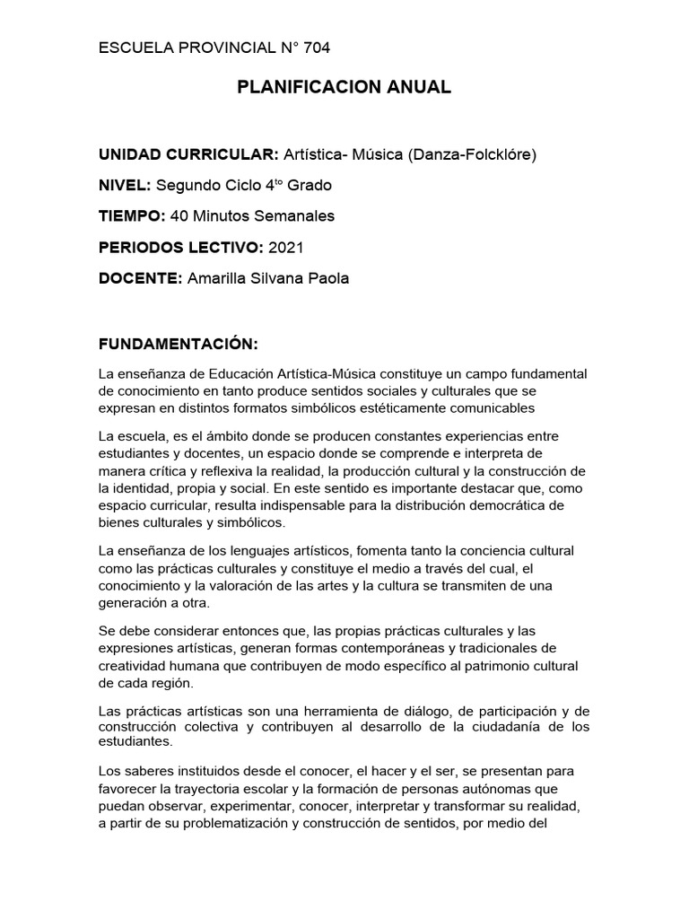 Planificación de Música y Danza 4to Grado | PDF | Bailes | Evaluación