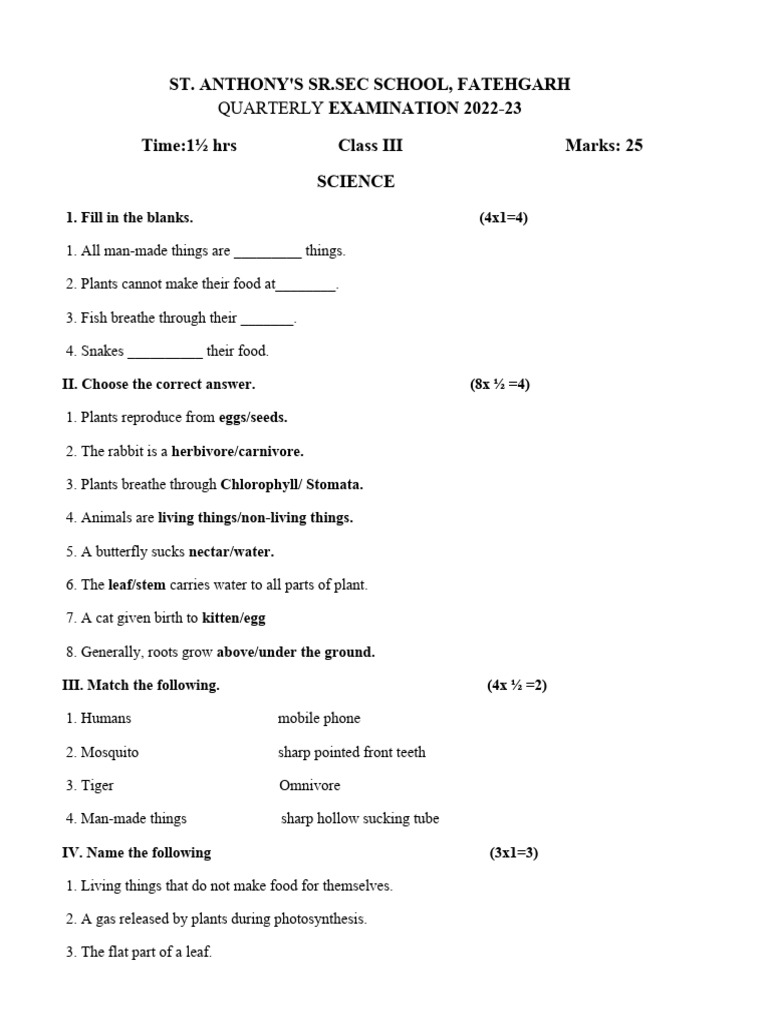Science Class III Quarterly Exam | PDF