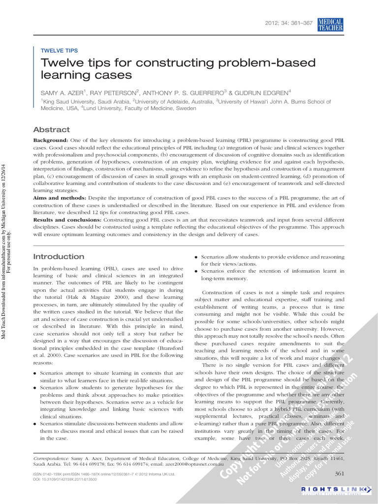 Twelve Tips For Constructing Problem-Based Learning Cases | Download Free PDF | Learning | Cognition