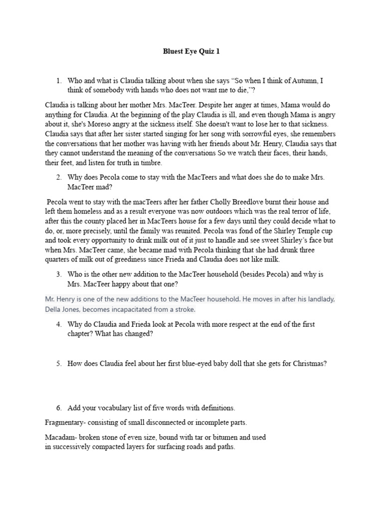 Bluest Eye Quiz 1 | PDF | Mystery, Thriller & Crime Fiction