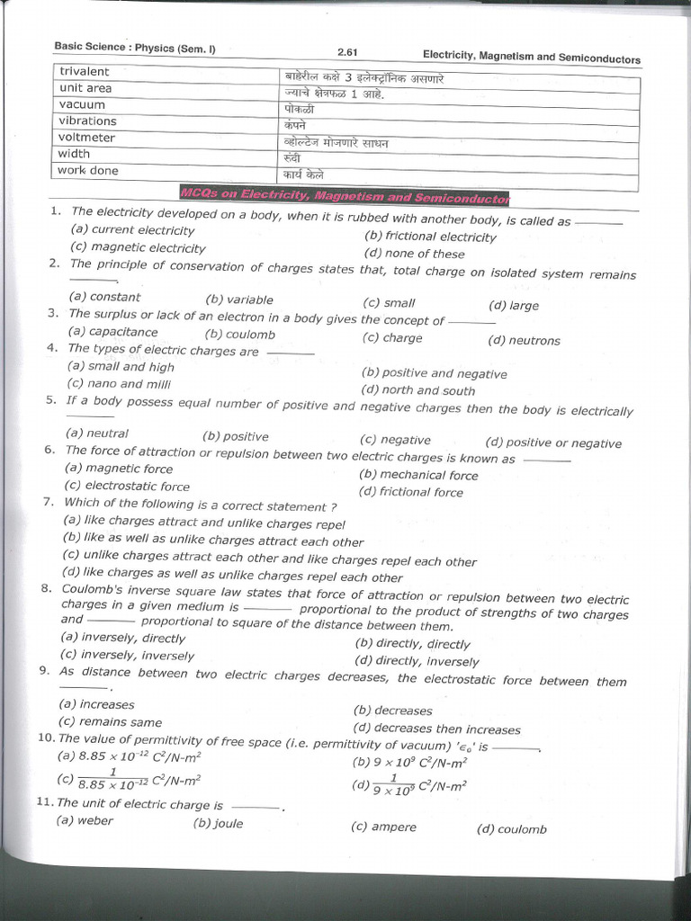 K Physics Unit 2 MCQ | PDF