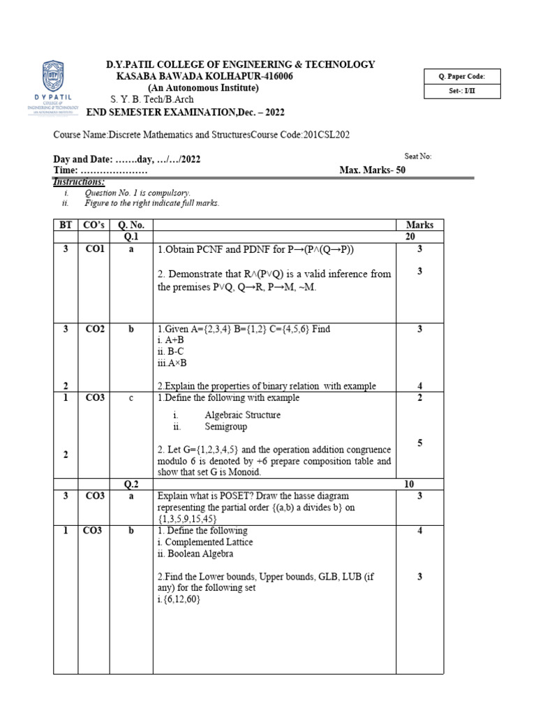DMS Question Paper | PDF | Mathematical Logic | Mathematical Objects
