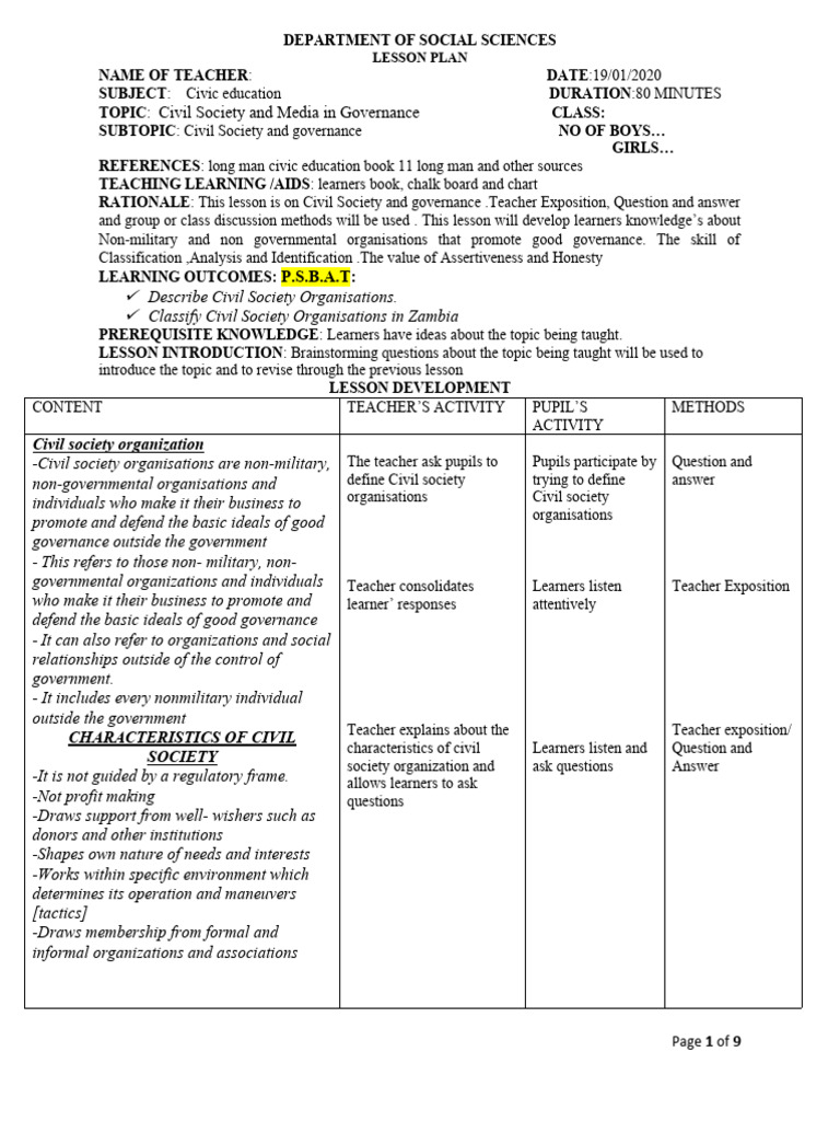 1 CIVIL SOCIETY IN GOVERNANCE. LESSON PLANS | PDF | Teachers | Public ...