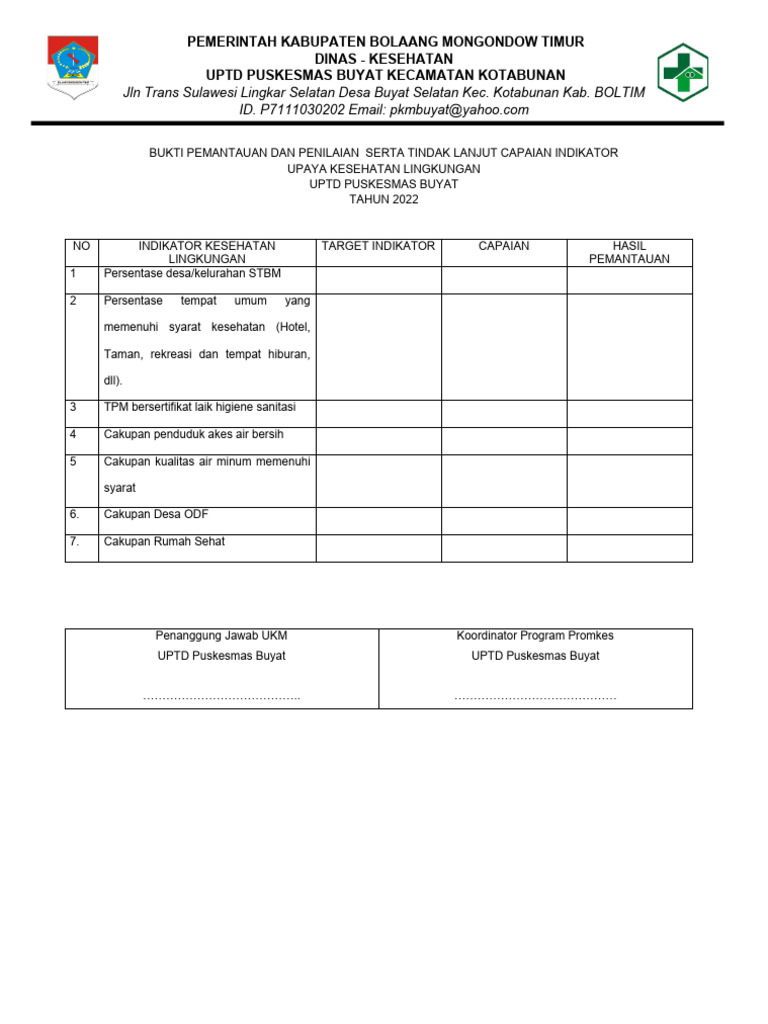 Bukti Pemantauan Dan Penilaian Serta Tindak Lanjut Capaian Indikator Upaya Kesling | PDF ...