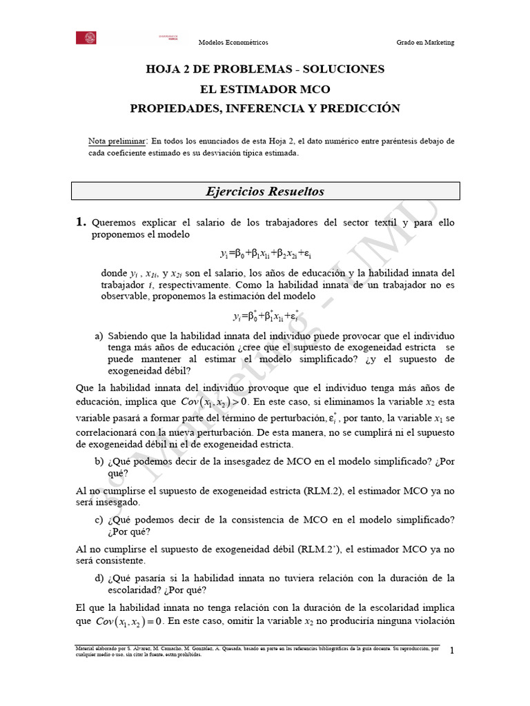 Hoja Problemas 2 | PDF | Mínimos cuadrados ordinarios | Estimador