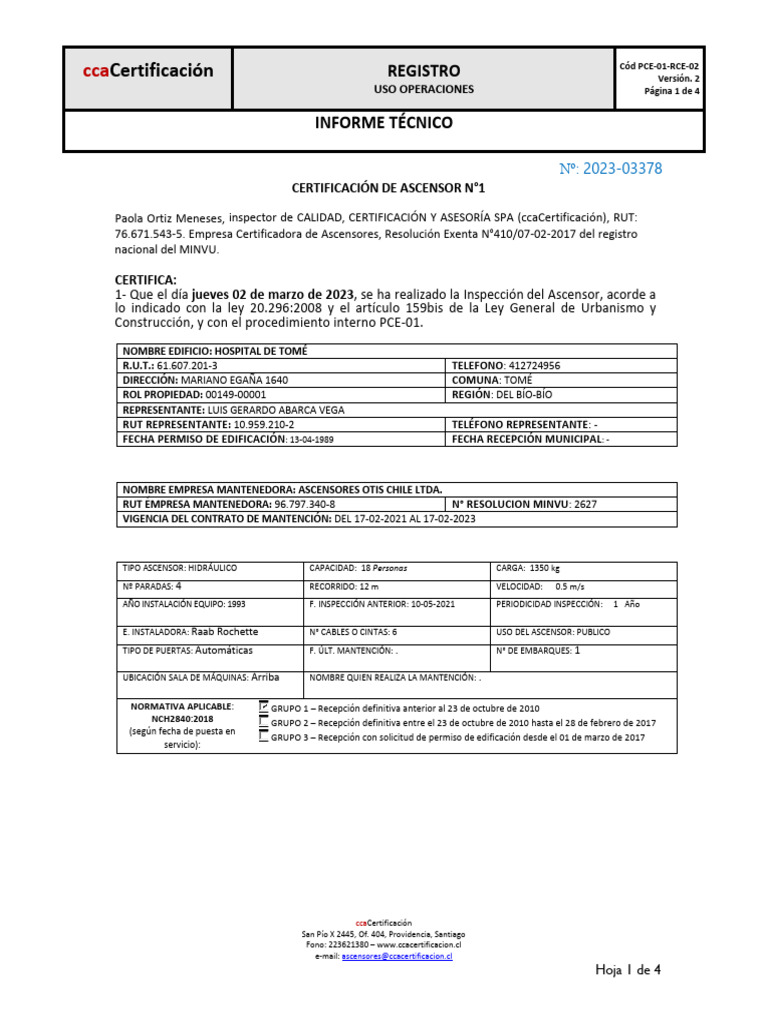 PCE-01-RCE-02 Informe Técnico - Mariano Egaña 1640 - Ascensor N°1 | PDF | Ascensor