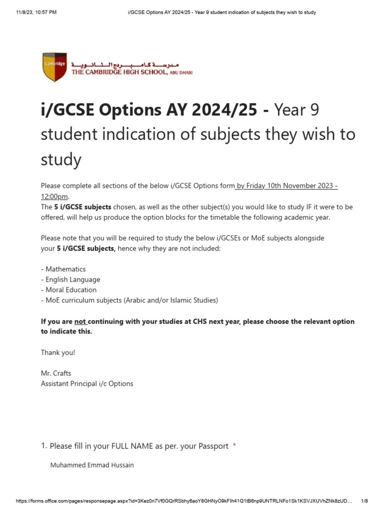 I_GCSE Options AY 2024_25 - Year 9 Student Indication of Subjects They ...