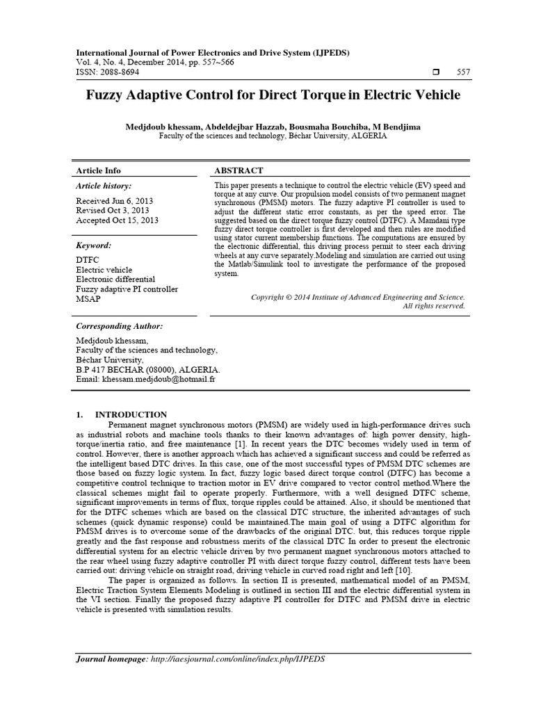Fuzzy Adaptive Control For Direct Torque In Electric Vehicle Pdf