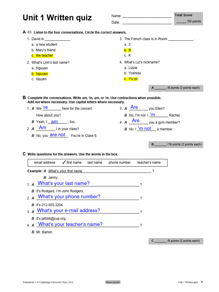 Touchstone 1 - 2nd Editiong - Quiz Unit 1 Answer | PDF