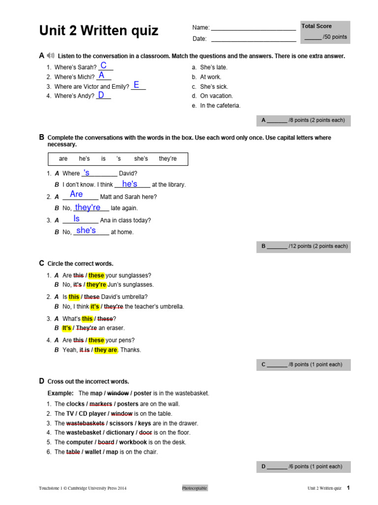 Touchstone 1 - 2nd Edition - Quiz Unit 2 Answer | PDF Touchstone 1 - 2nd Edition - Quiz Unit 2 Answer | PDF