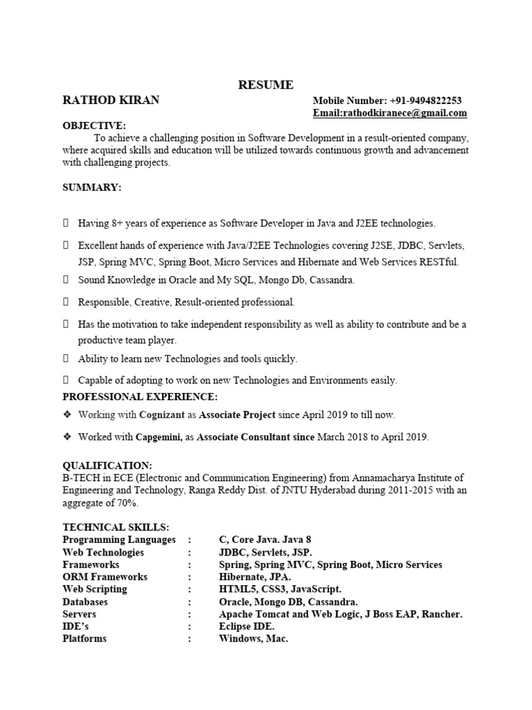 Rathod Kiran: Resume | PDF | Spring Framework | Representational State ...