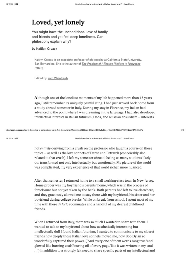 LONELYNESS How Is It Possible To Be Loved and Yet To Feel Deeply Lonely ...