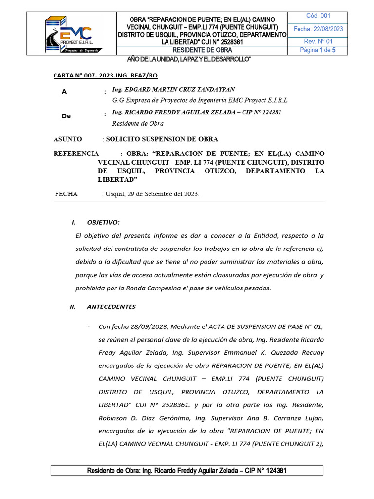 CARTA N° 07 SOLICITO SUSPENSION DE OBRA | PDF