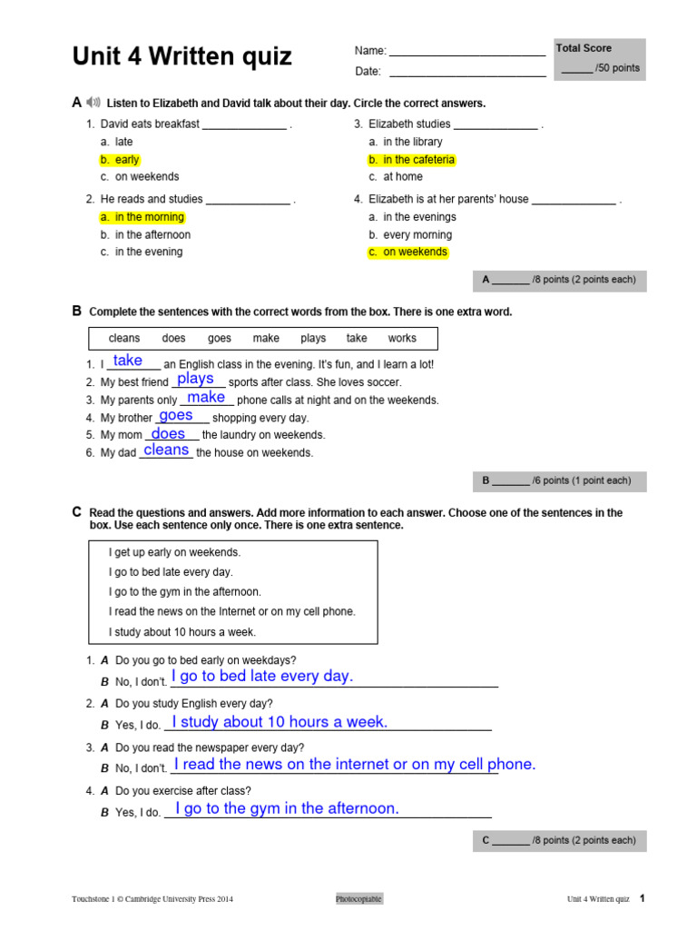 Touchstone 1 Unit 4 Quiz | PDF