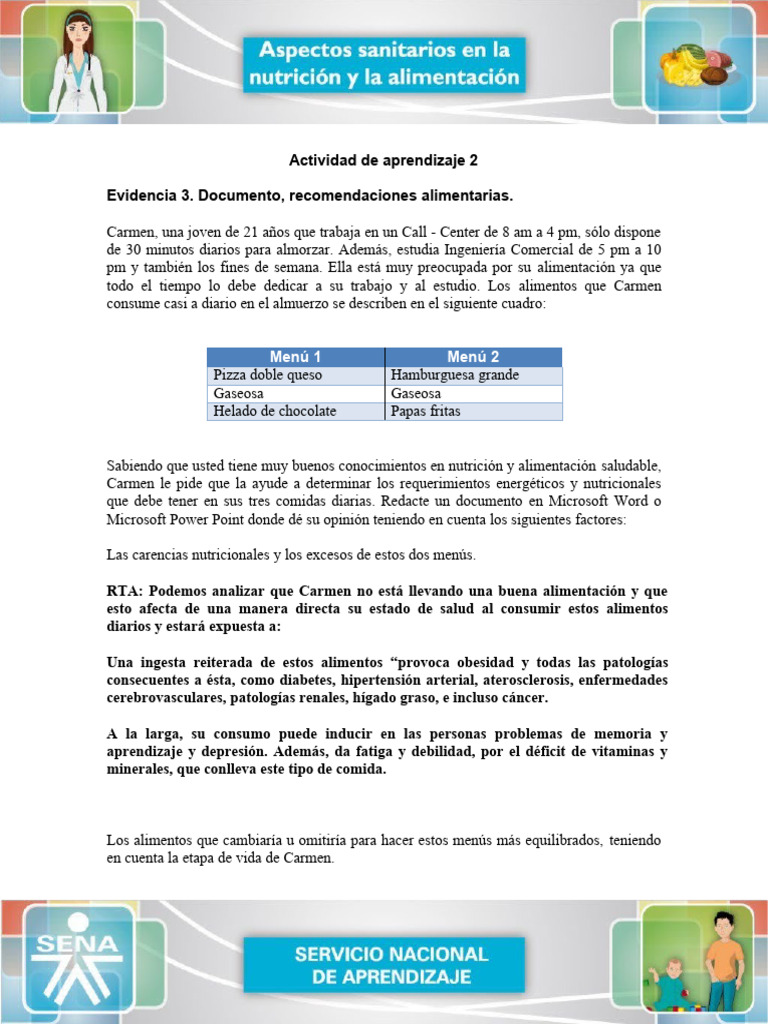 Evidencia 2 Recomendaciones Alimentarias | Descargar gratis PDF | Nutrición | Dieta y nutrición