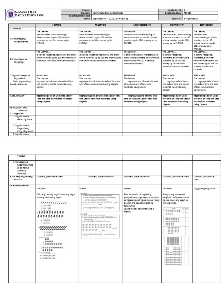 DLL - Math 1 - Q1 - W3 | PDF | Learning | Psychological Concepts