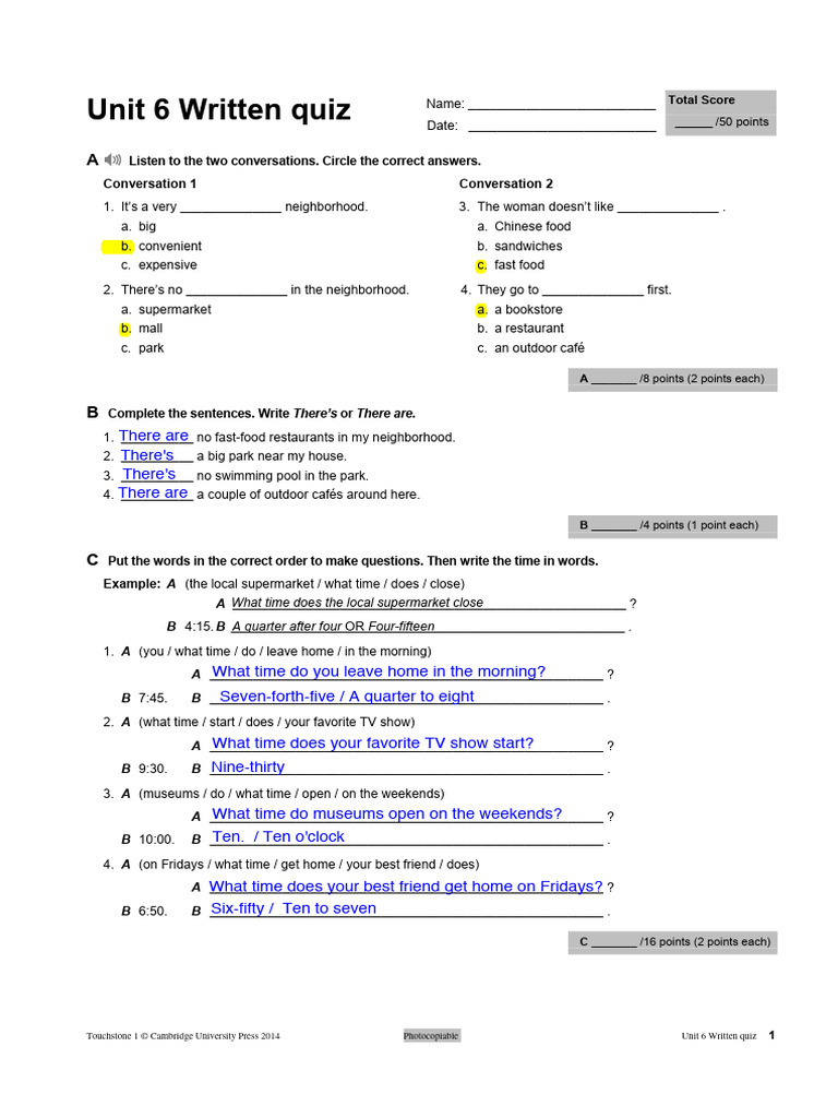 Touchstone 1 - 2nd Edition - Quiz Unit 6 Answer | PDF Touchstone 1 - 2nd Edition - Quiz Unit 6 Answer | PDF