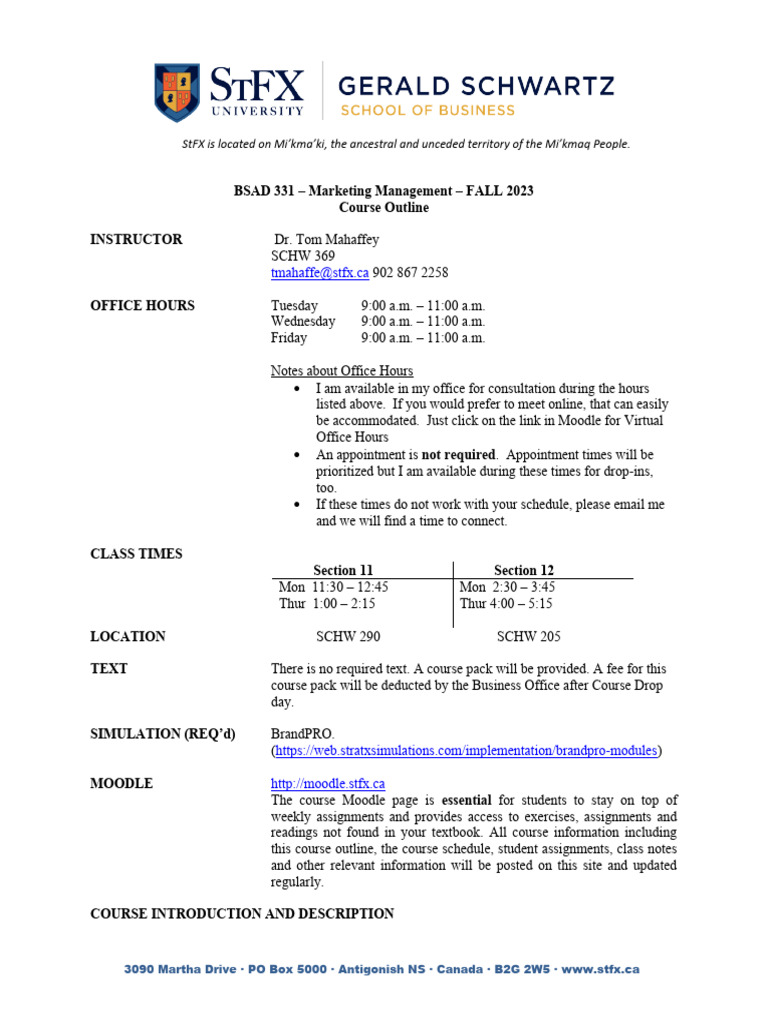BSAD 331 Marketing Management Outline and Syllabus For 2023 2024 | PDF ...