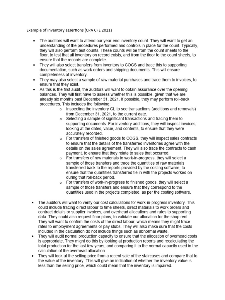 Example of inventory assertions (CFE 2018) | PDF | Inventory | Audit