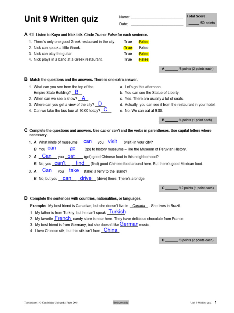 Touchstone 1 - 2nd Edition - Quiz Unit 9 Answer | PDF