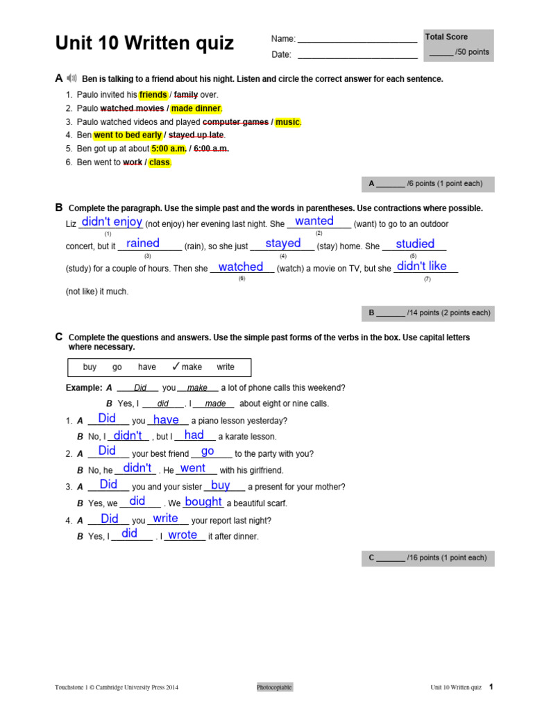 Touchstone 1 - 2nd Edition - Quiz Unit 10 Answer | PDF | Linguistics