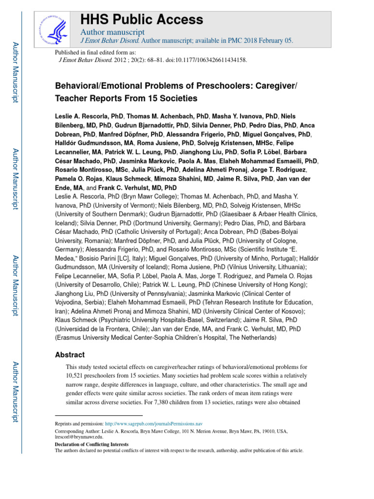 Nihms916391 - Behavioral-Emotional Problems of Preschoolers - Caregiver ...