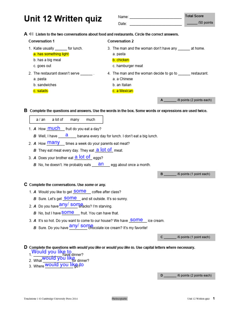 Touchstone 1 - 2nd Edition - Quiz Unit 12 Answer | PDF | Lunch | Meal