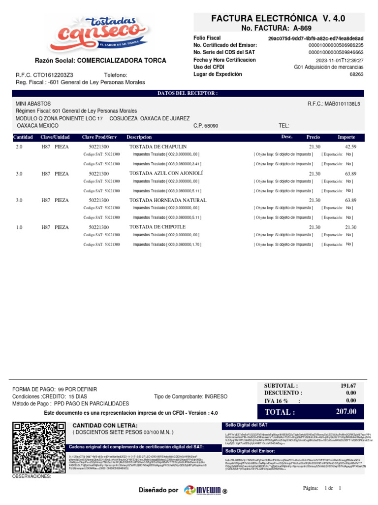 Factura Electrónica V. 4.0: Razón Social: Comercializadora Torca | PDF | Pagos | Servicios ...