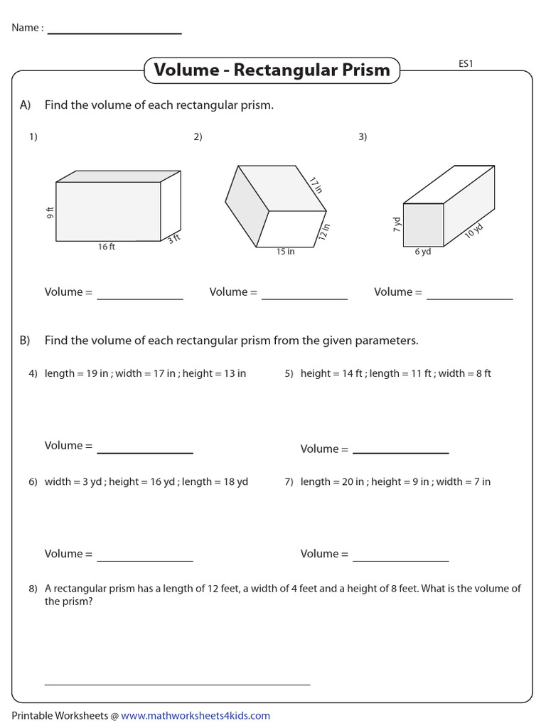 Volume of Rectangular Prisms Worksheet | PDF | Length | Volume