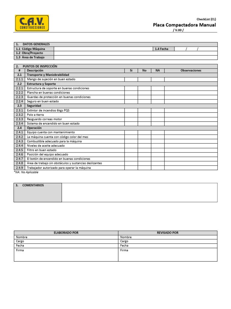 Check List Placa Compactadora Manual | PDF