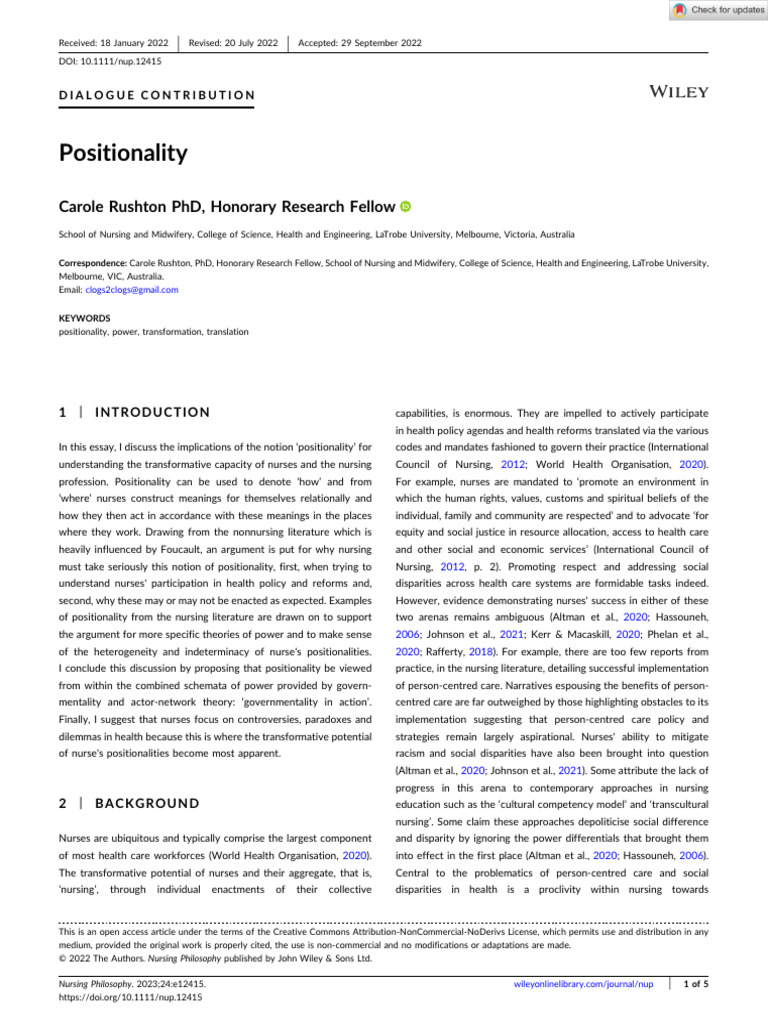 Nursing Philosophy - 2022 - Positionality | PDF | Nursing | Theory