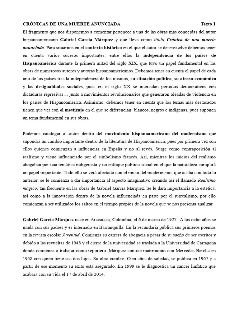 Cronicas de Una Muerte Anunciada I | PDF