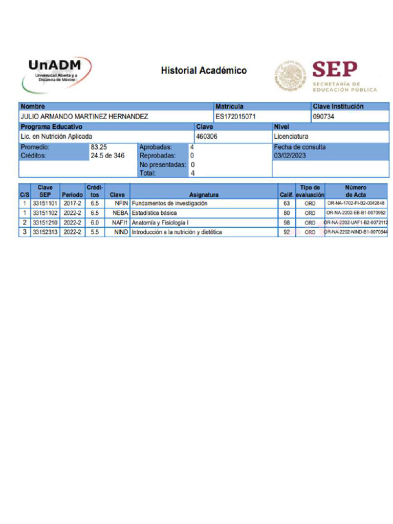 Historial Academico Unadm 2023 | PDF