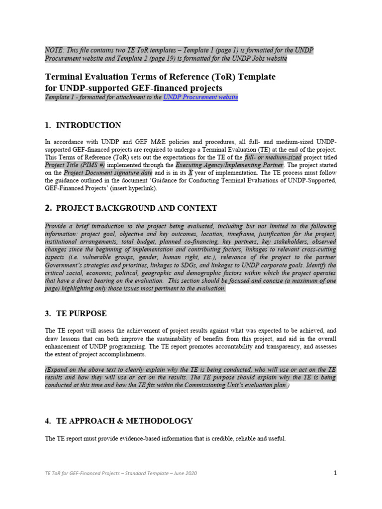 UNDP GEF TE TOR Template June2020 - ENGLISH | PDF | Evaluation | United ...