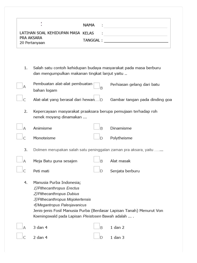 Latihan Soal Kehidupan Masa Pra Aksara Prin | PDF