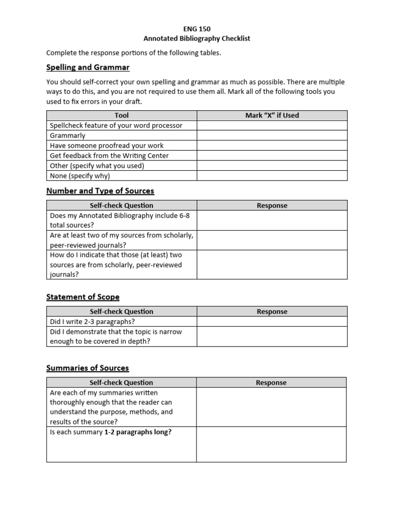 Annotated Bibliography Checklist | PDF | Apa Style | Citation