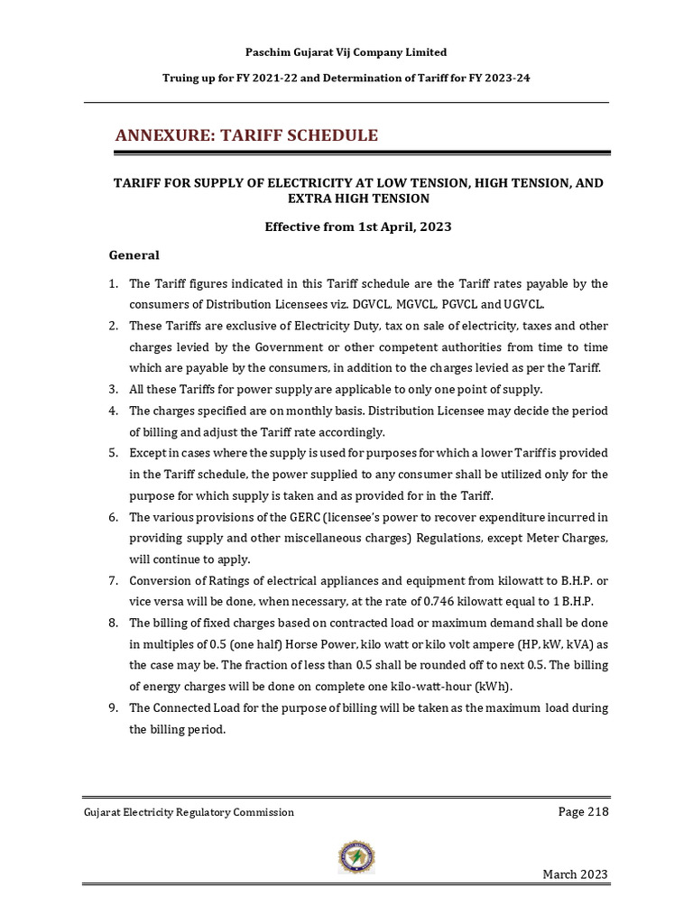 Tariff Schedule | PDF | Tariff | Horsepower