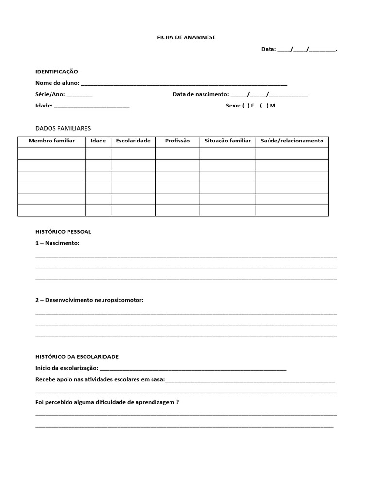 Modelo de Anamnese Escolar | PDF | Ciências comportamentais | Cognição