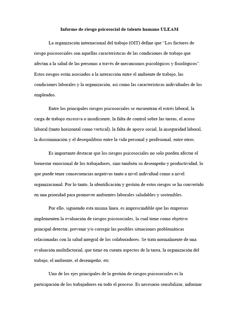 Informe de Riesgos Psicosociales TALENTO HUMANO ULEAM | PDF | Acoso ...