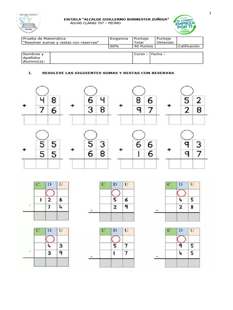 PRUEBA Sumas y Restas Con Reservas | PDF
