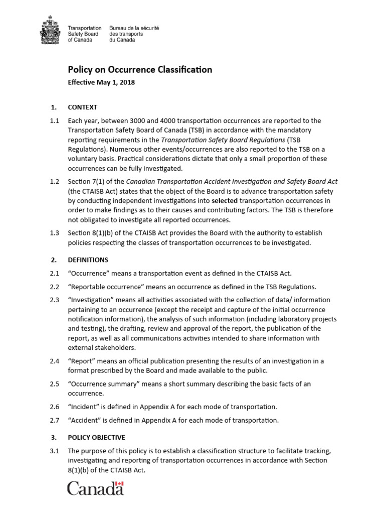 TSB Occurrence Classification Policy 2018 | PDF | Risk | Dangerous Goods