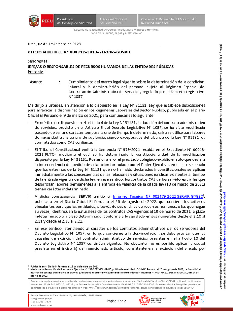 Oficio Múltiple #000042-2023-SERVIR-GDSRH | PDF | Gestión de recursos ... Oficio Múltiple #000042-2023-SERVIR-GDSRH | PDF | Gestión de recursos ...