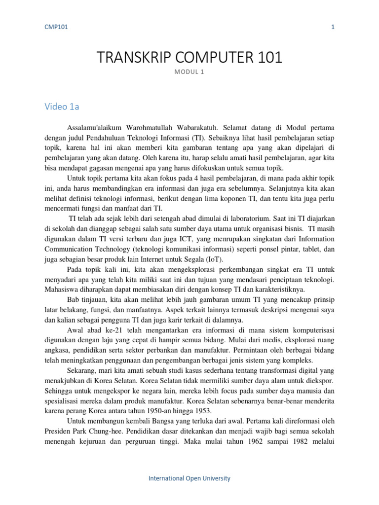 TITC101 Transkrip Modul 1 | PDF | Komputer