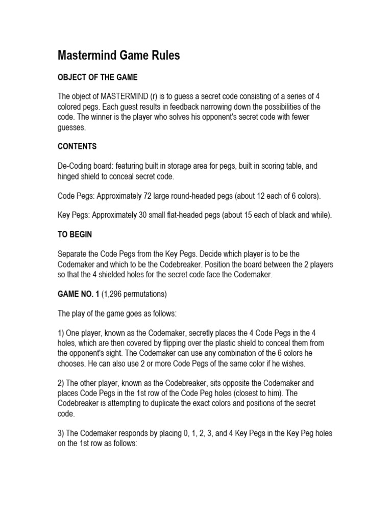 Mastermind Rules | PDF | Gaming | Games Of Mental Skill Mastermind Rules | PDF | Gaming | Games Of Mental Skill