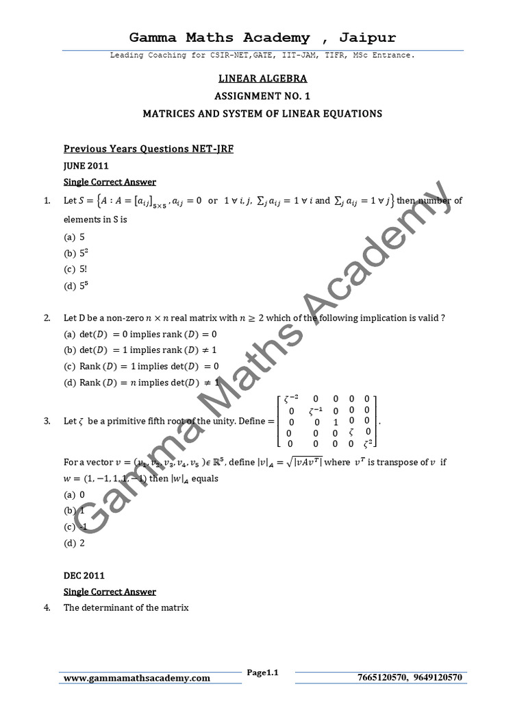 Linear Ass 1 Online | PDF | Matrix (Mathematics) | Determinant