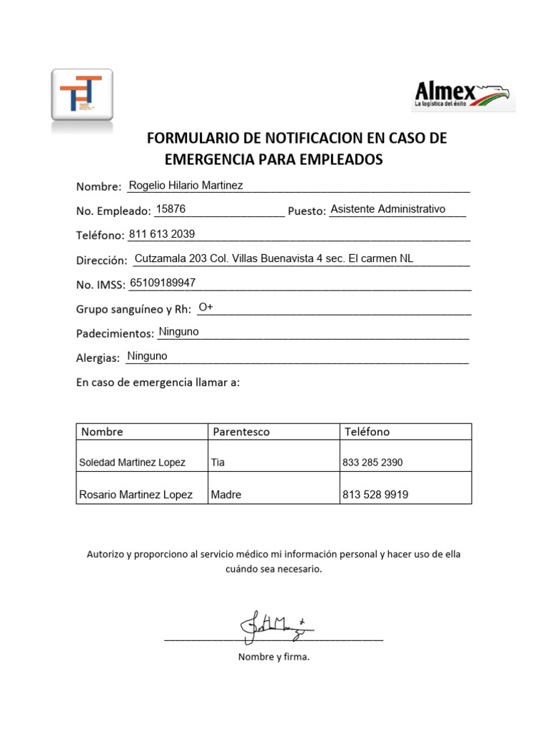 Formulario de Notificacion en Caso de Emergencia Para Empleados | PDF