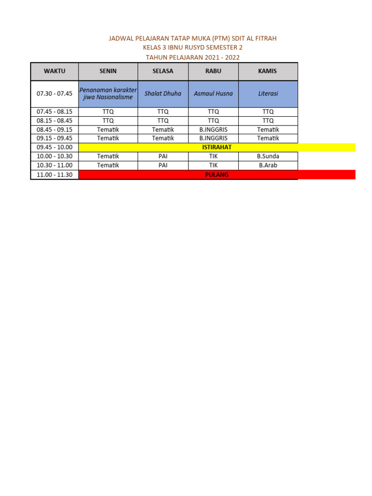 Jadwal PTM Kelas 3 SDIT Al Fitrah | PDF