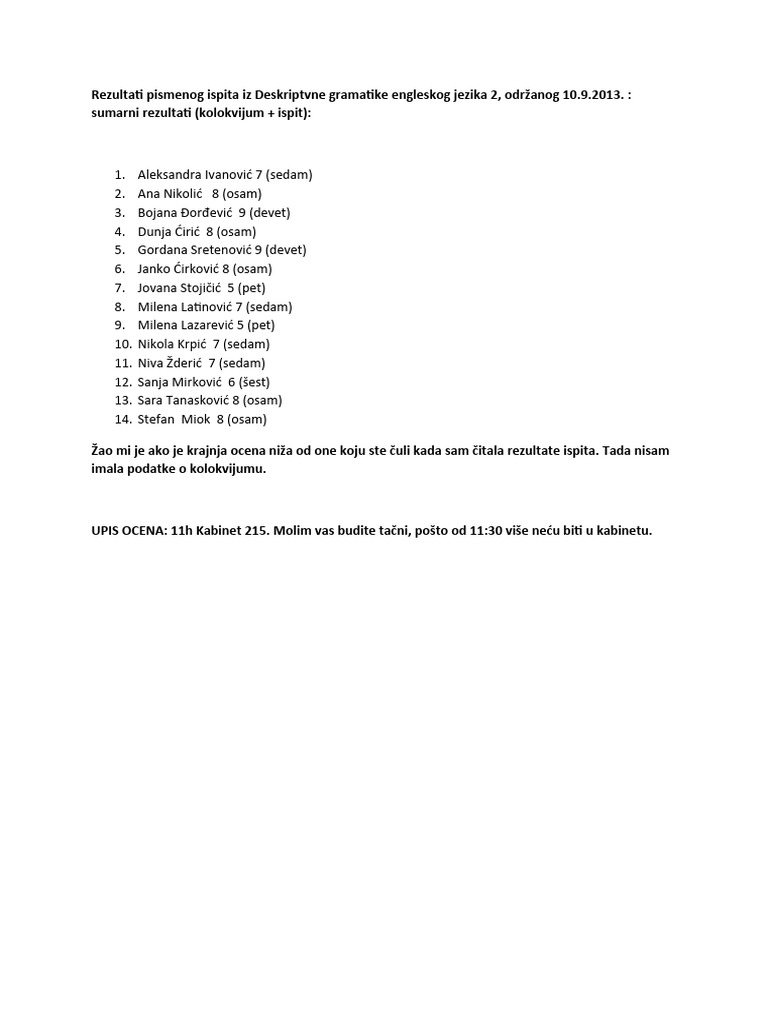 Rezultati Pismenog Ispita Iz Deskriptvne Gramatike Engleskog Jezika 2 | PDF