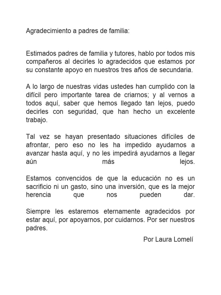 Agradecimiento A Padres de Familia | PDF